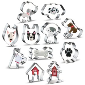 dog cookie cutter shapes set of 11 - metal animal dog theme biscuit cutter molds includes corgi, poodle, teddy dog, alaska, bichon frise, labrador, husky, dog bone, paw print, dog house, fire hydrant