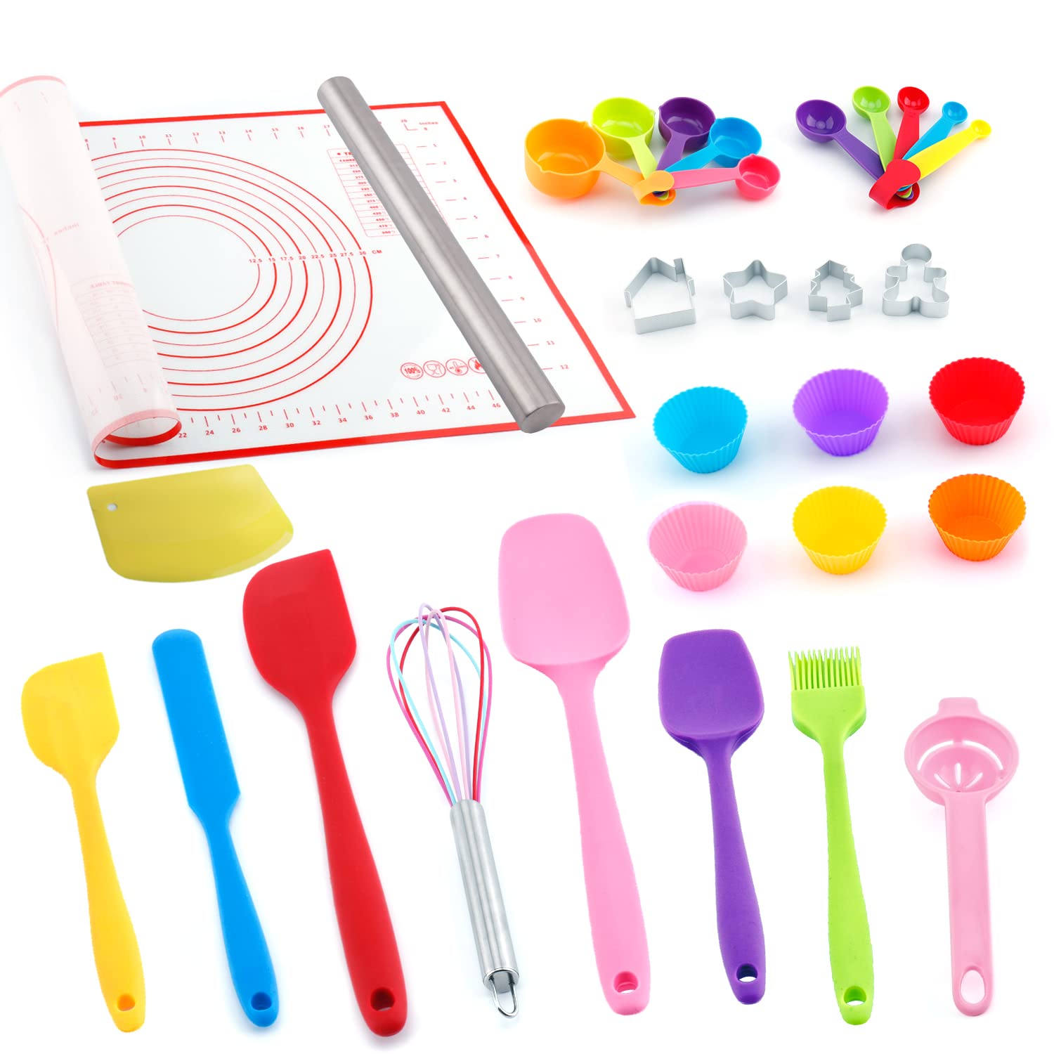 Silicone Spatulas Set, Rolling Pin, Cookie Cutters, Pastry Mat, Measuring Spoons and Cups, Dough Scraper, Cooking Baking Supplies for Teens Juniors Kids Adult Beginners(31-pieces)