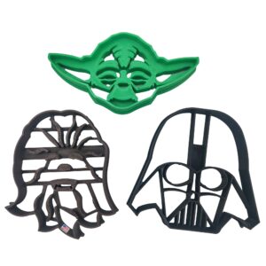 inspired by star wars cookie cutters. inspired by star wars darth vader black mask, green yoda and brown chewbacca face head cookie cutters (3 pack)