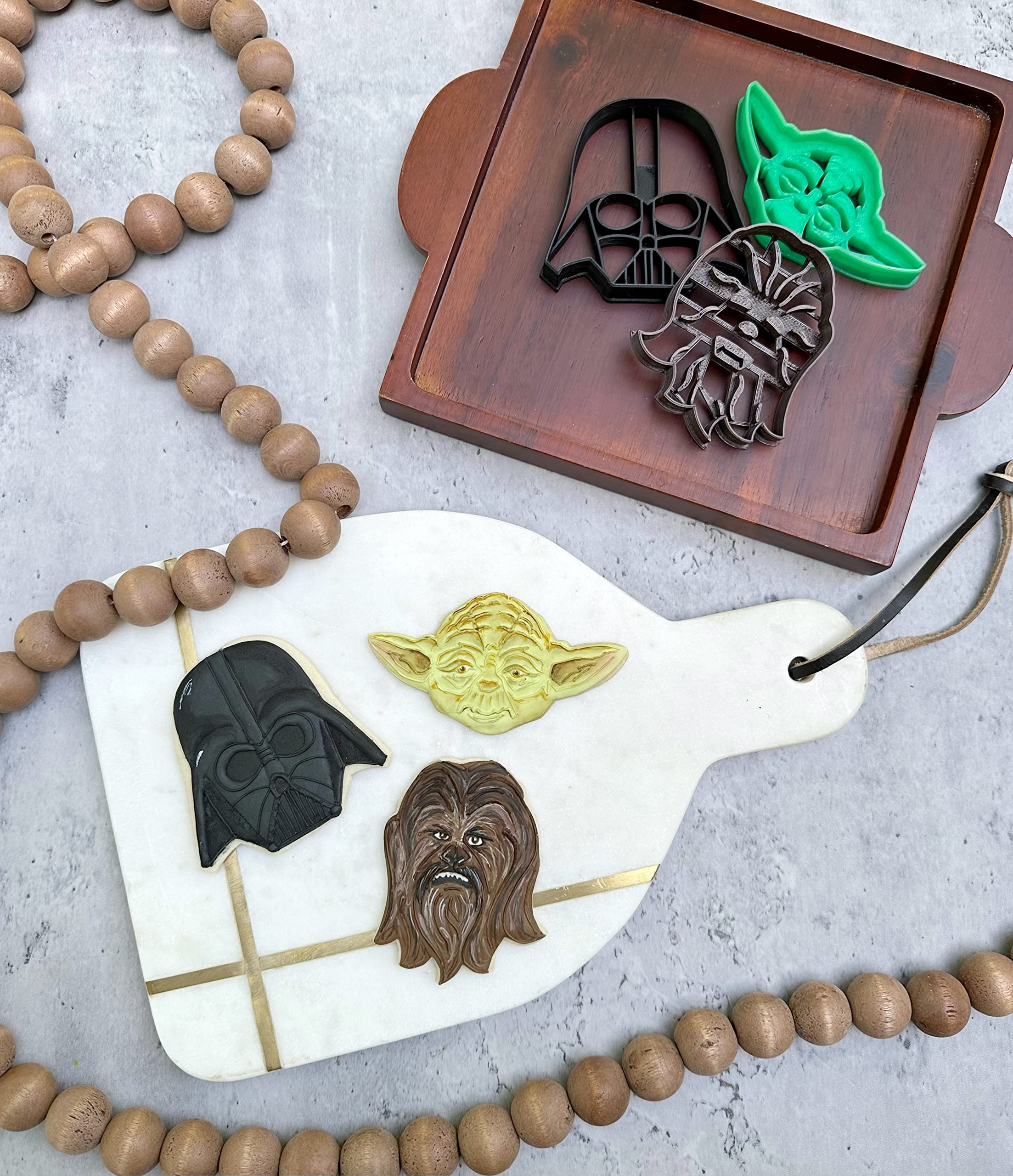 INSPIRED BY STAR WARS COOKIE CUTTERS. Inspired By Star Wars Darth Vader Black Mask, Green Yoda and Brown Chewbacca Face Head Cookie Cutters (3 Pack)