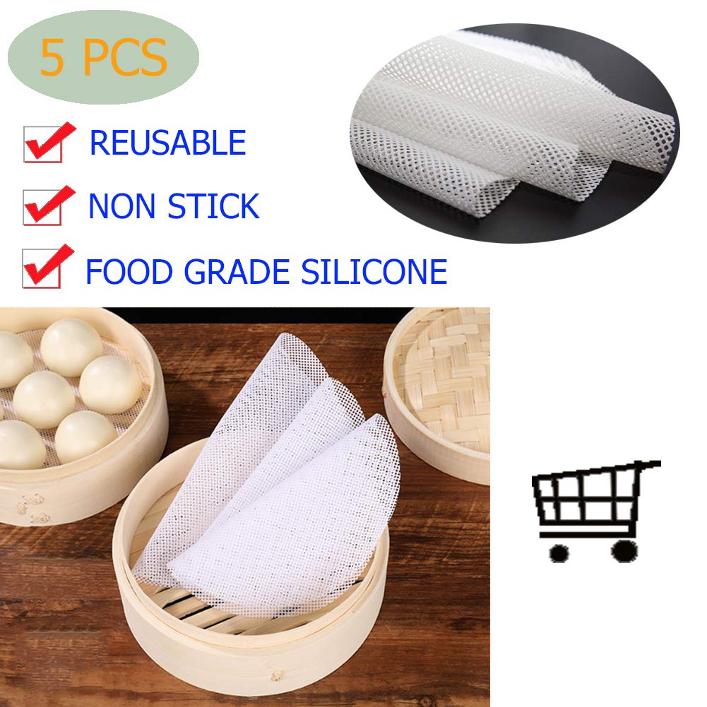 Stohua 5 pcs Non Stick Silicone Steamer Liners Mesh Mat Round Pad for Bamboo Steamer, Reusable,Flexible-11" Diameter