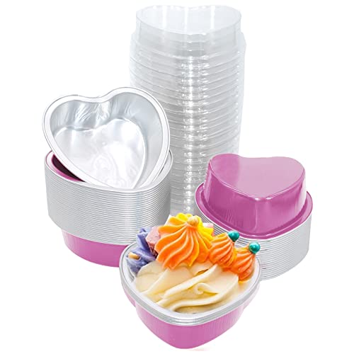 LETSKAB 3.4oz Baking Cups With Lids Aluminum Foil Muffin Liners Cupcake Disposable Muffin Tins Cupcake Mini Aluminium Foil Baking Cups for Catering Gathering Club Wedding Party (Pink, 50 Sets)