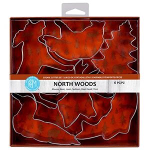 r&m international northwoods nature cookie cutters, deer, salmon, loon, bear, tree, moose, 6-piece set, silver