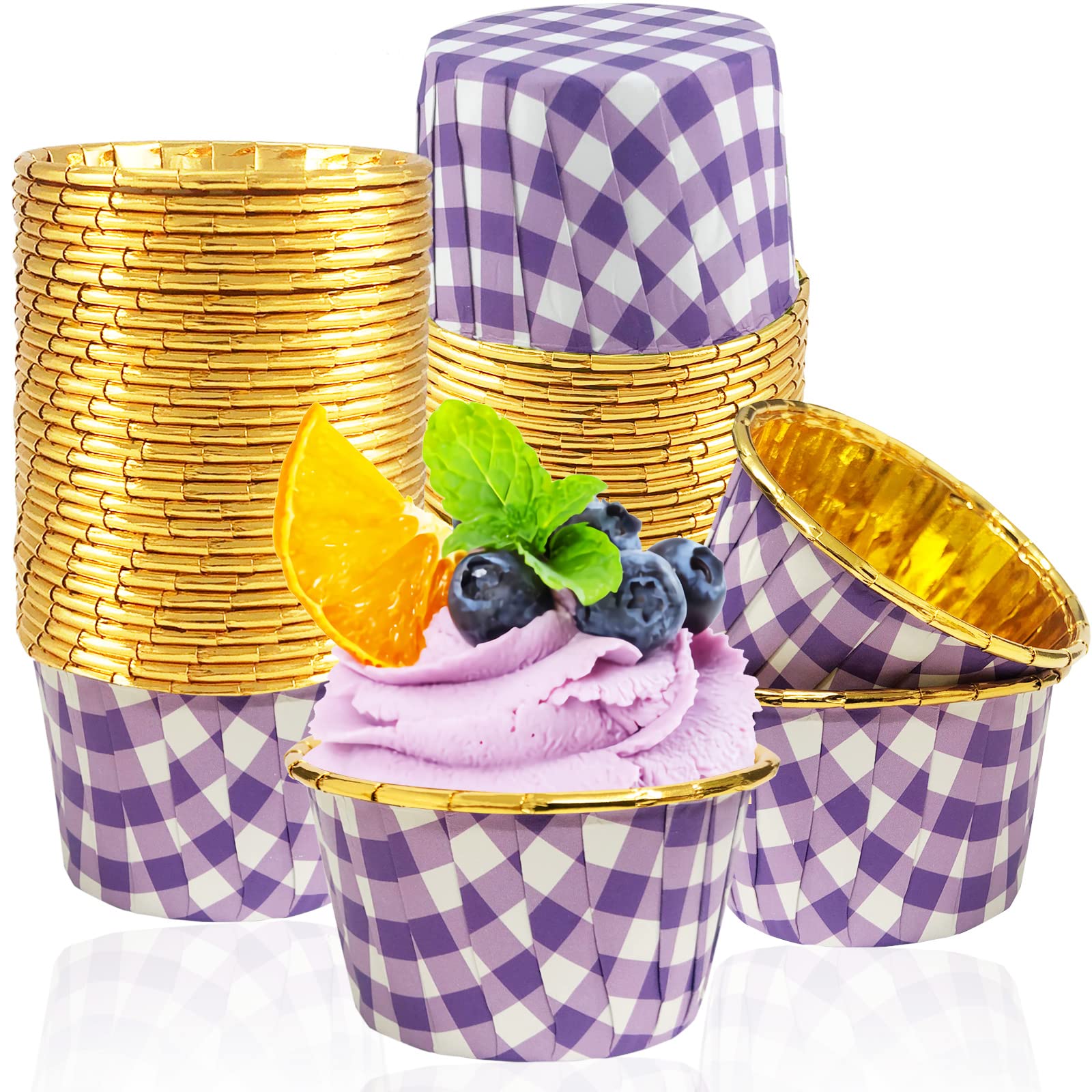 Ruiqiger 50 Pack Gingham Foil Cupcake Baking Cups, 3.5 Oz Checkered Gold Liners Muffin Mini Cake Mold Cups Wrappers Ramekins Holders (50, Purple Checkered)