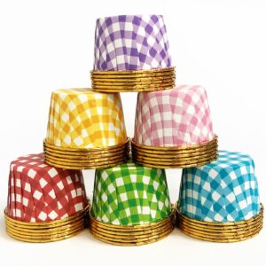 Ruiqiger 50 Pack Gingham Foil Cupcake Baking Cups, 3.5 Oz Checkered Gold Liners Muffin Mini Cake Mold Cups Wrappers Ramekins Holders (50, Purple Checkered)