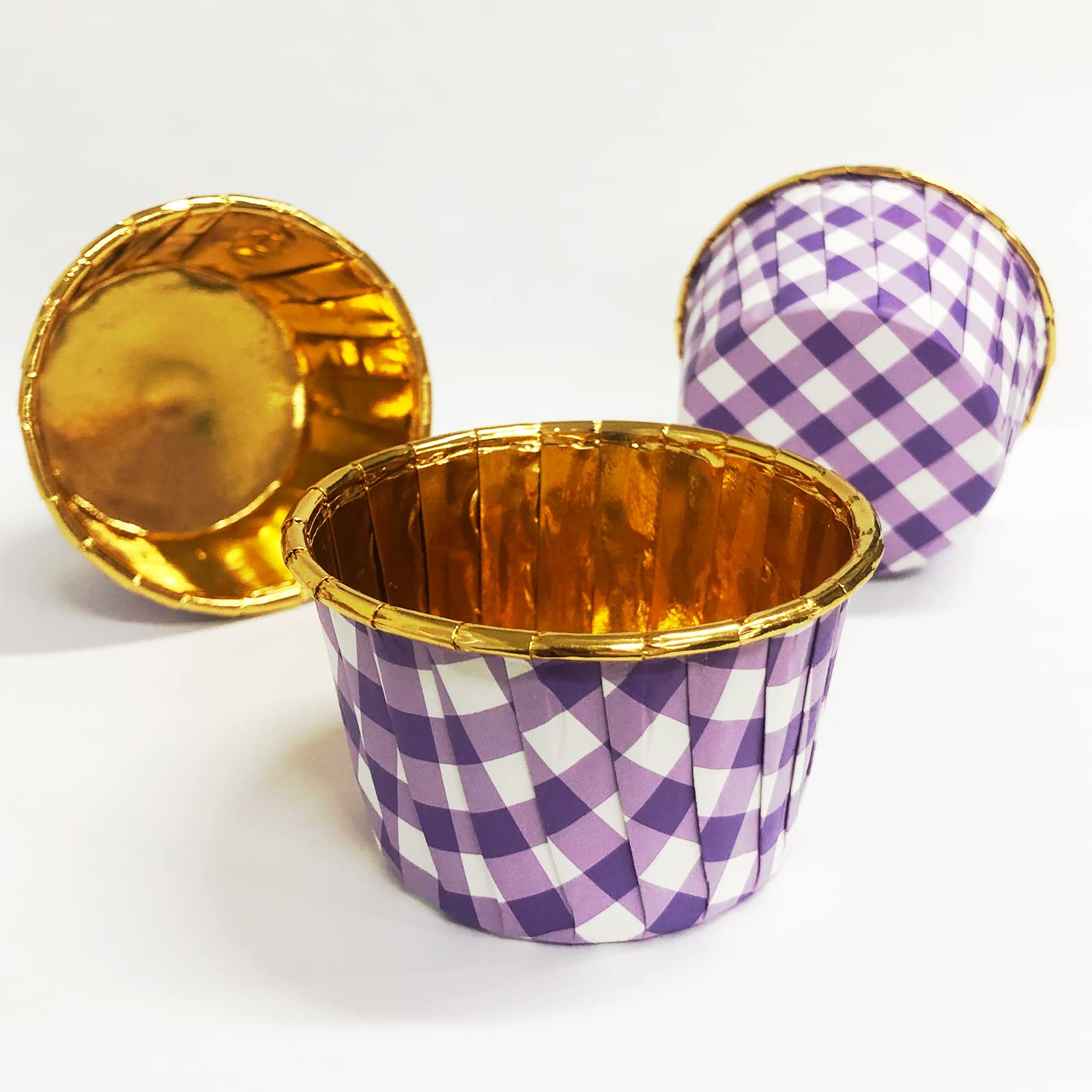 Ruiqiger 50 Pack Gingham Foil Cupcake Baking Cups, 3.5 Oz Checkered Gold Liners Muffin Mini Cake Mold Cups Wrappers Ramekins Holders (50, Purple Checkered)