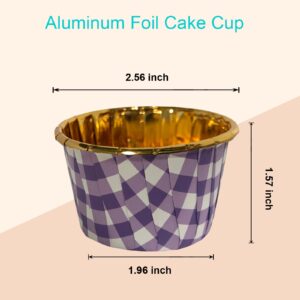 Ruiqiger 50 Pack Gingham Foil Cupcake Baking Cups, 3.5 Oz Checkered Gold Liners Muffin Mini Cake Mold Cups Wrappers Ramekins Holders (50, Purple Checkered)