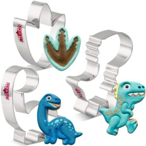 liliao cute dinosaur cookie cutter set - 3 piece - t-rex, brontosaurus and dinosaur foot biscuit fondant cutters - stainless steel