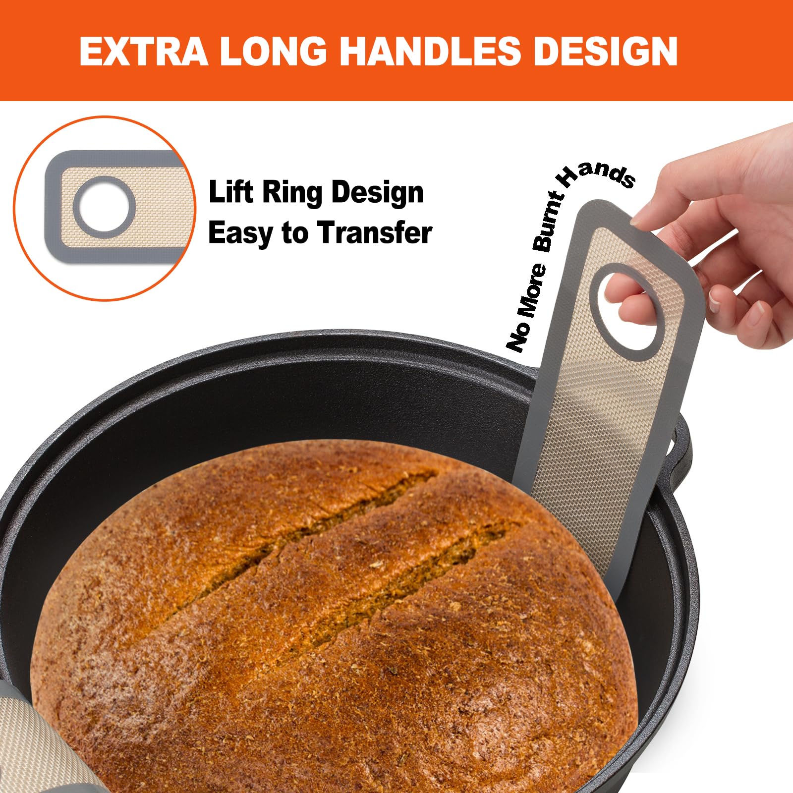 Silicone Bread Sling Dutch Oven - Best Japan Silicone. Non-Stick & Easy Clean Reusable Silicone Bread Baking Mat. With Extra Long Handles Bread Baking Sheet Liner, 1 Grey pcs for Transferable Dough