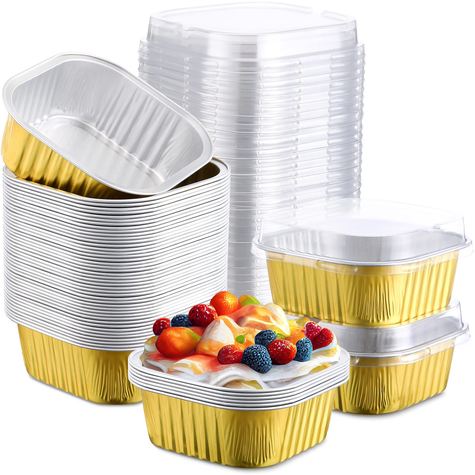 150 Pieces 10 oz Disposable Baking Cake Pan with Lids Valentine's Aluminum Foil Baking Cups Cupcake Cup for Pudding Desserts Baking Freezer-Safe Valentine's Wedding Party(Gold)