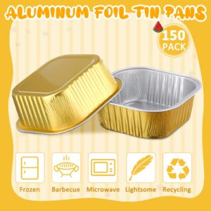 150 Pieces 10 oz Disposable Baking Cake Pan with Lids Valentine's Aluminum Foil Baking Cups Cupcake Cup for Pudding Desserts Baking Freezer-Safe Valentine's Wedding Party(Gold)