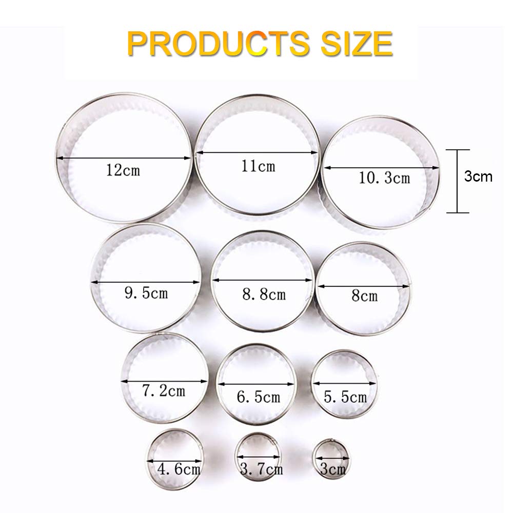 Stainless Steel Fluted Edge Round Cookie Biscuit Cutter Set 12 Pieces Graduated Ring Sizes