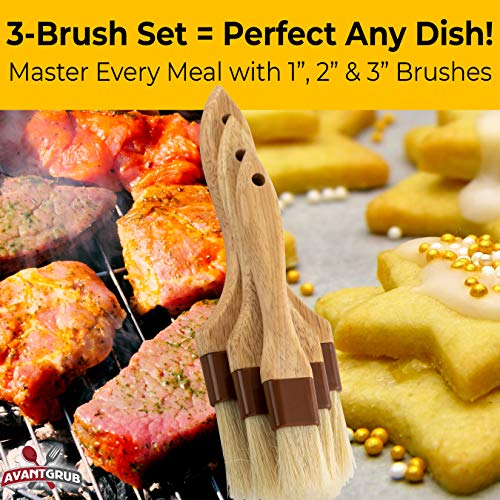 Durable, Hardwood 1, 2, 3in Boar Bristle Pastry Brush Set. Grill and Kitchen Flat Brushes for Basting Meat, Spreading Butter, BBQ Sauce or Marinades. Chef Quality Cooking, Baking or Grilling Tools