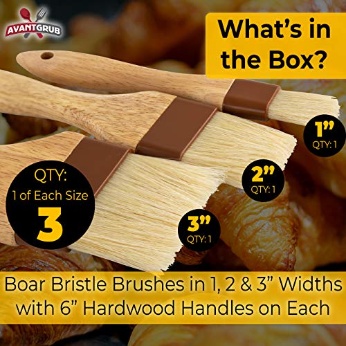 Durable, Hardwood 1, 2, 3in Boar Bristle Pastry Brush Set. Grill and Kitchen Flat Brushes for Basting Meat, Spreading Butter, BBQ Sauce or Marinades. Chef Quality Cooking, Baking or Grilling Tools