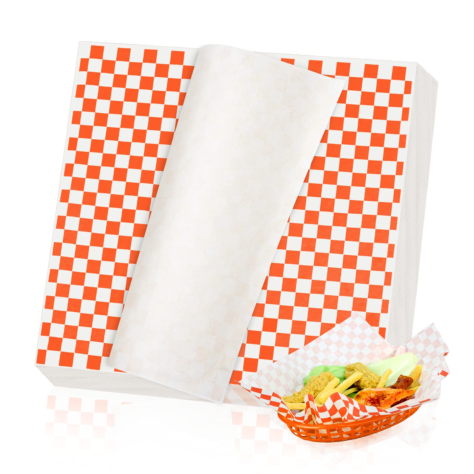 Hslife 100 Sheets Checkered Dry Waxed Deli Paper Sheets, Paper Liners for Plastic Food Basket, Wrapping Bread and Sandwiches (Orange)