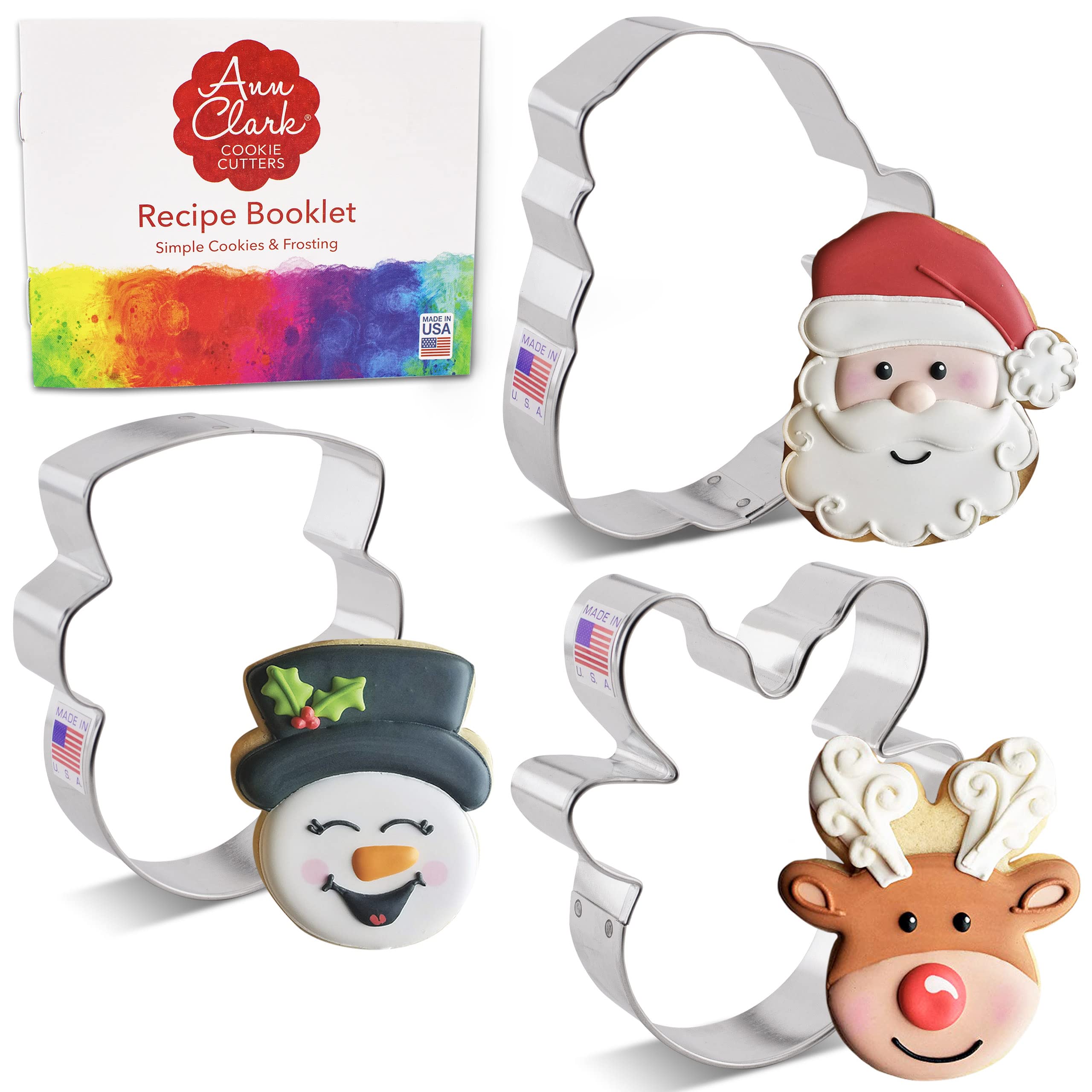 Faces of Christmas Cookie Cutters 3-Pc. Set Made in USA by Ann Clark, Santa Face, Reindeer Face, Snowman Face