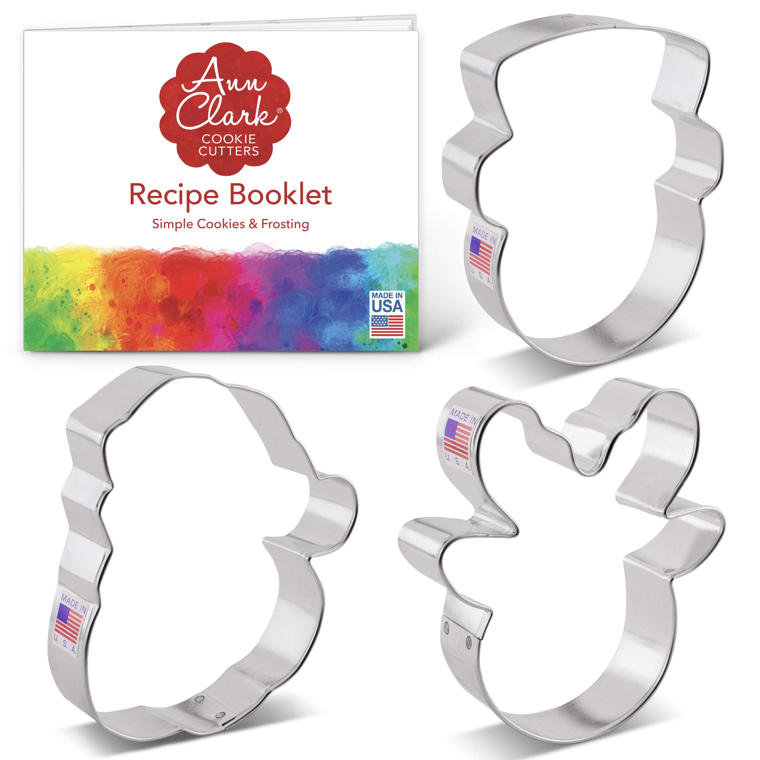 Faces of Christmas Cookie Cutters 3-Pc. Set Made in USA by Ann Clark, Santa Face, Reindeer Face, Snowman Face