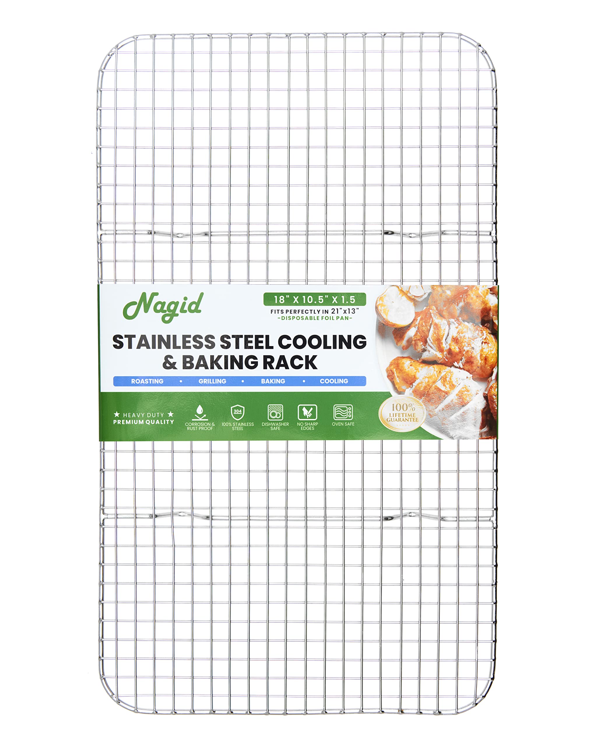 Nagid 100% Stainless Steel Rack - Fits Standard 21” x 13” Disposable Aluminum Pan – Size 18” x 10.5” x 1.5” - Great for Steaming - Cooling – Baking – Roasting - Grilling