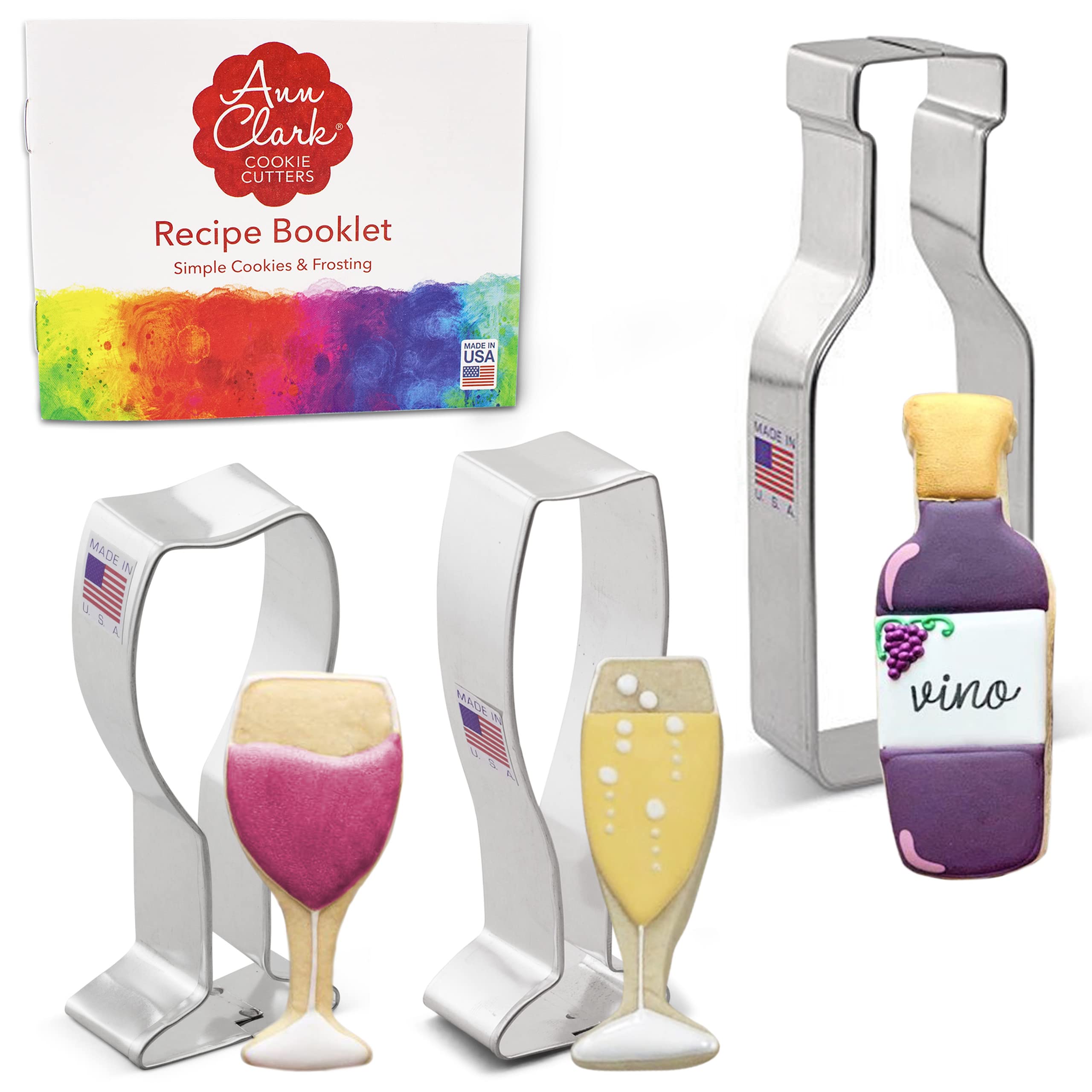 Wine and Champagne Celebration Cookie Cutters 3-Pc. Set Made in USA by Ann Clark, Wine Glass, Bottle, Champagne Glass