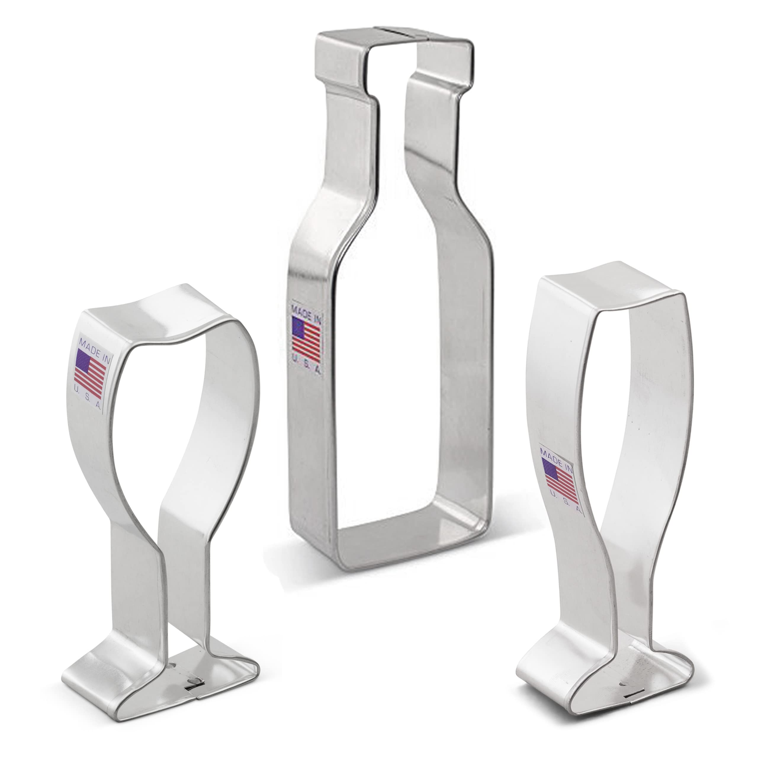 Wine and Champagne Celebration Cookie Cutters 3-Pc. Set Made in USA by Ann Clark, Wine Glass, Bottle, Champagne Glass