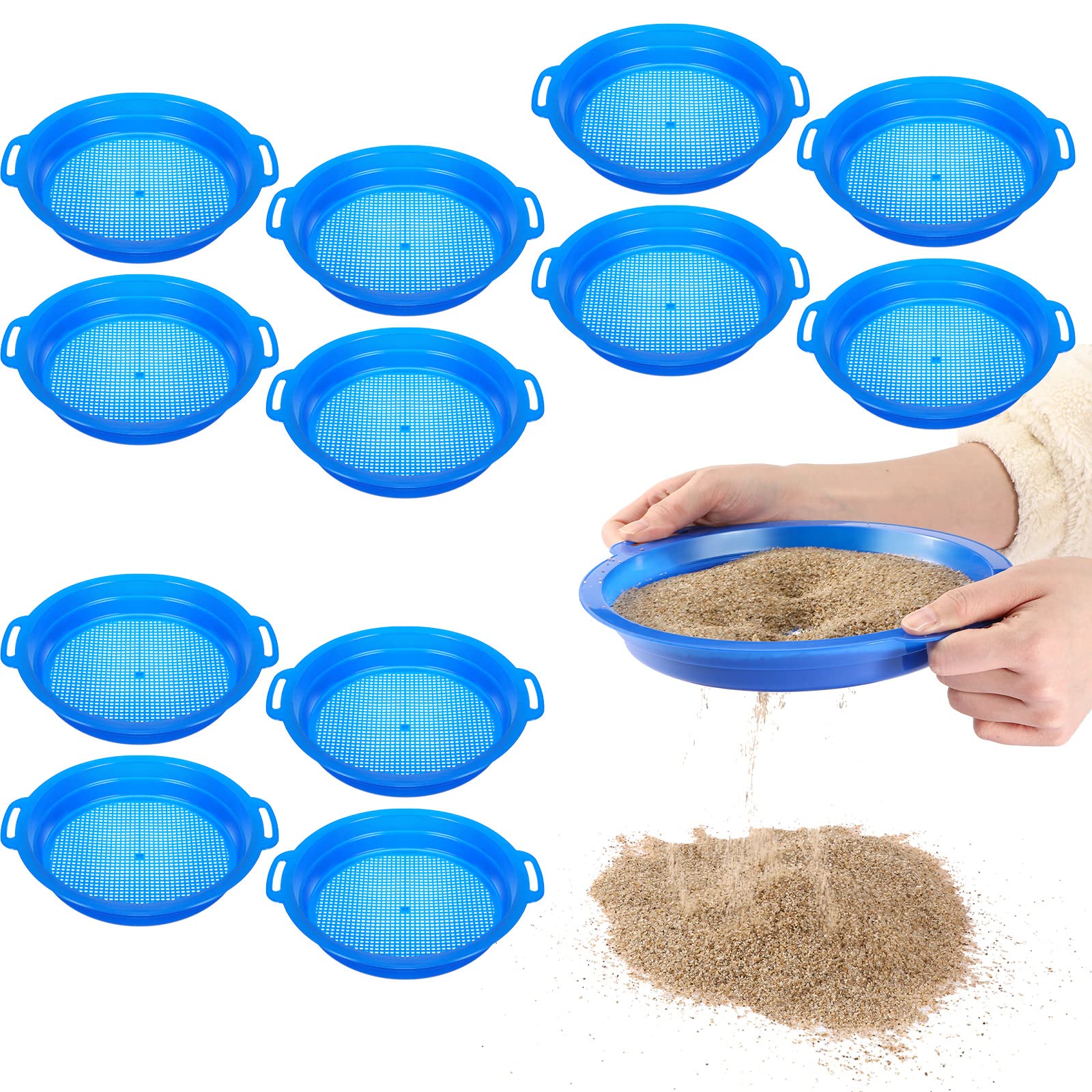 12 Pcs Sand Sifter Plastic Sand Sieve Dirt Sifter Rock Sifter Sand Sifter Sieves Sand Sifting Pan Gift for Kids Girls Boys Finding Treasure Beach Rocks Shells Gardening Digging, Blue, 8.66 Inches