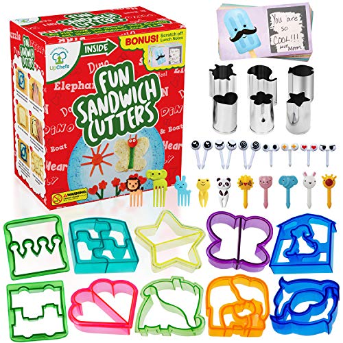 UpChefs Fun Sandwich and Bread Cutter Shapes for kids - 10 Crust & Cookie Cutters - Mini Heart & Flower Stainless Steel Vegetable & Fruit Stamp Set and 20 Food Picks Loved by both Boys & Girls!