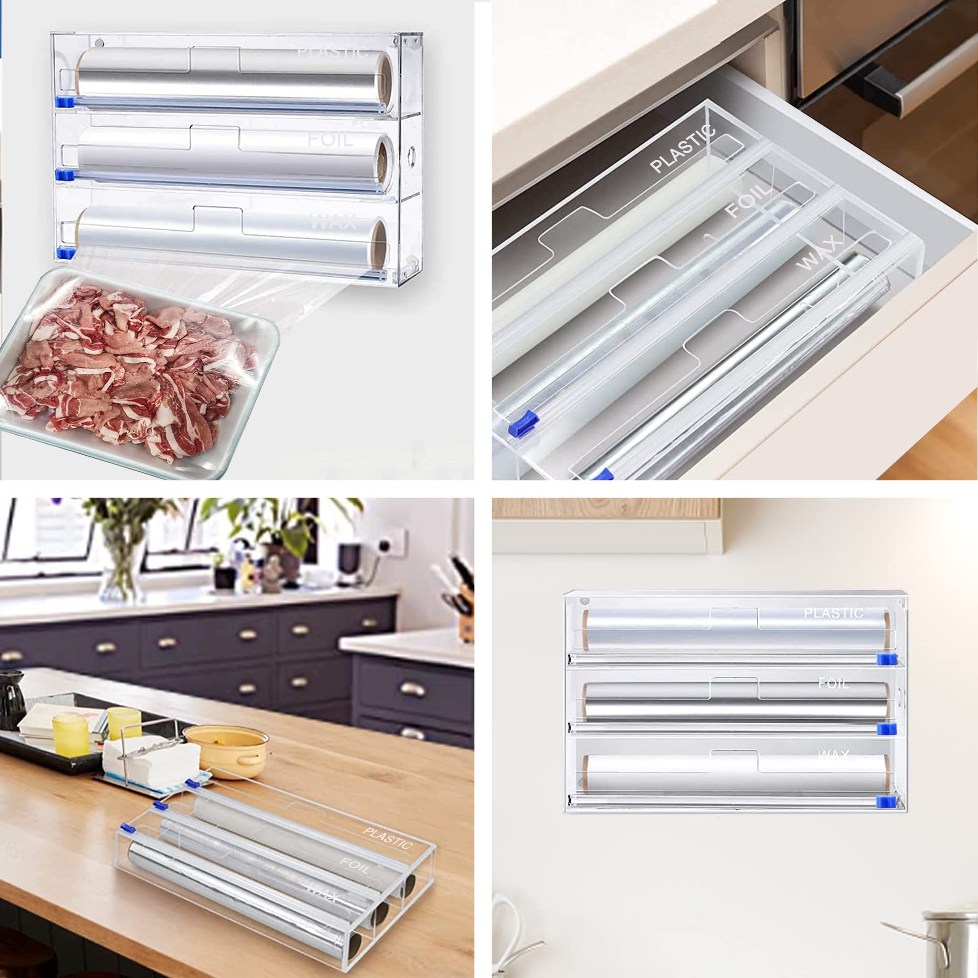 Foil and Plastic Wrap Organizer, 3 in 1 Kitchen Wrap Dispenser, Drawer Aluminum Foil Organization and Storage, Wall-Mounted Holder