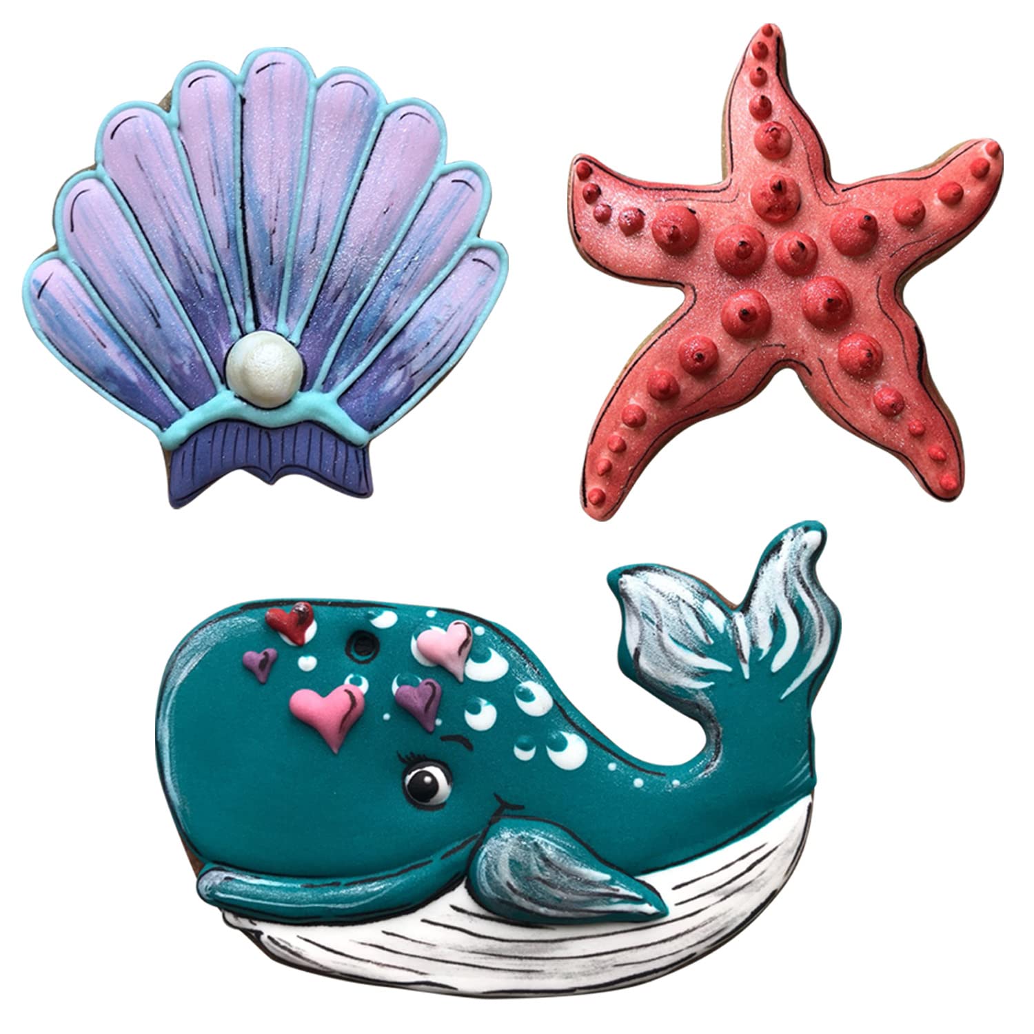 LILIAO Ocean Creatures Cookie Cutter Set - 3 Piece - Whale, Starfish and Seashell Biscuit Fondant Cutters - Stainless Steel