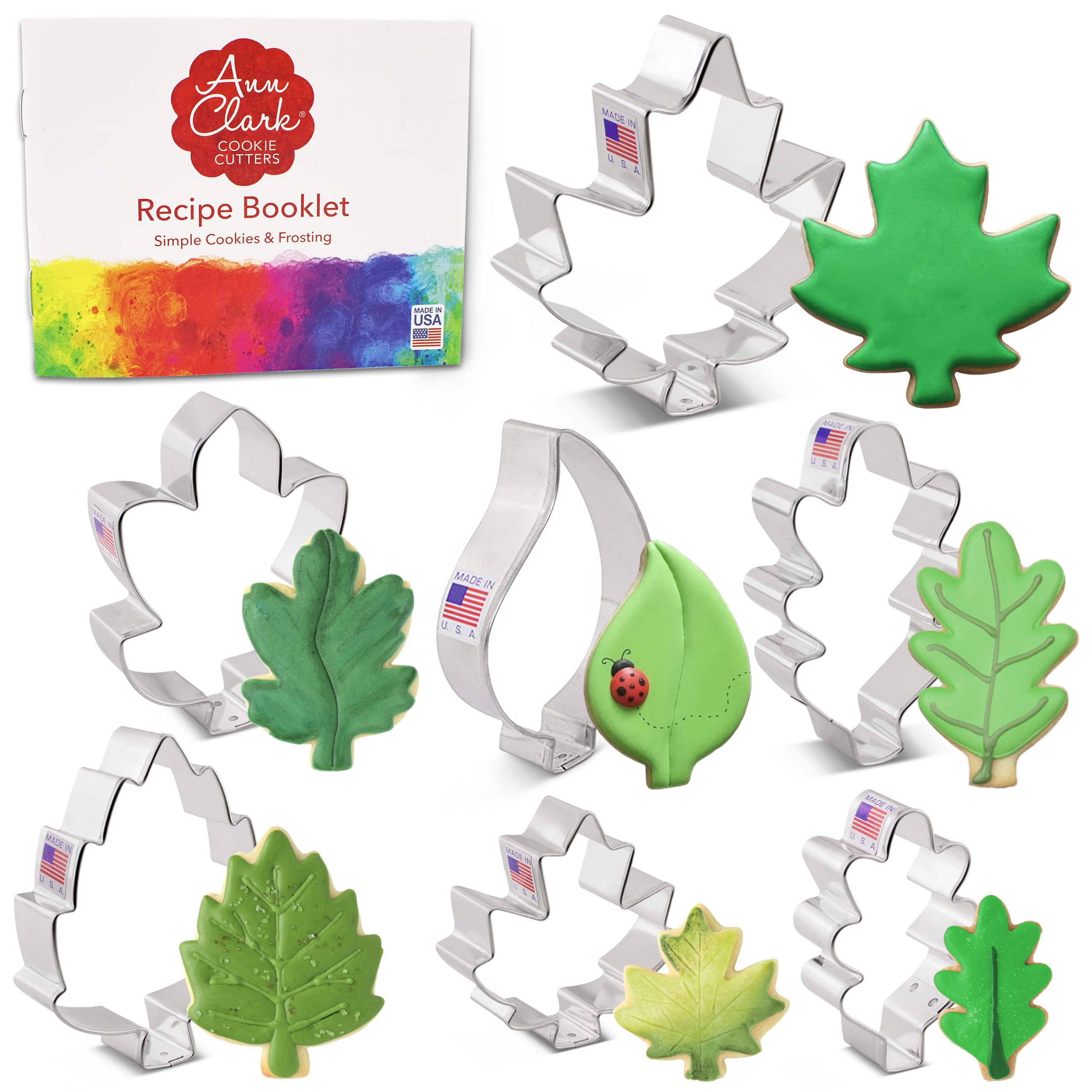 Spring Leaves Cookie Cutters 7-Pc. Set Made in the USA by Ann Clark, Oak, Teardrop, and Maple Leaf Shapes