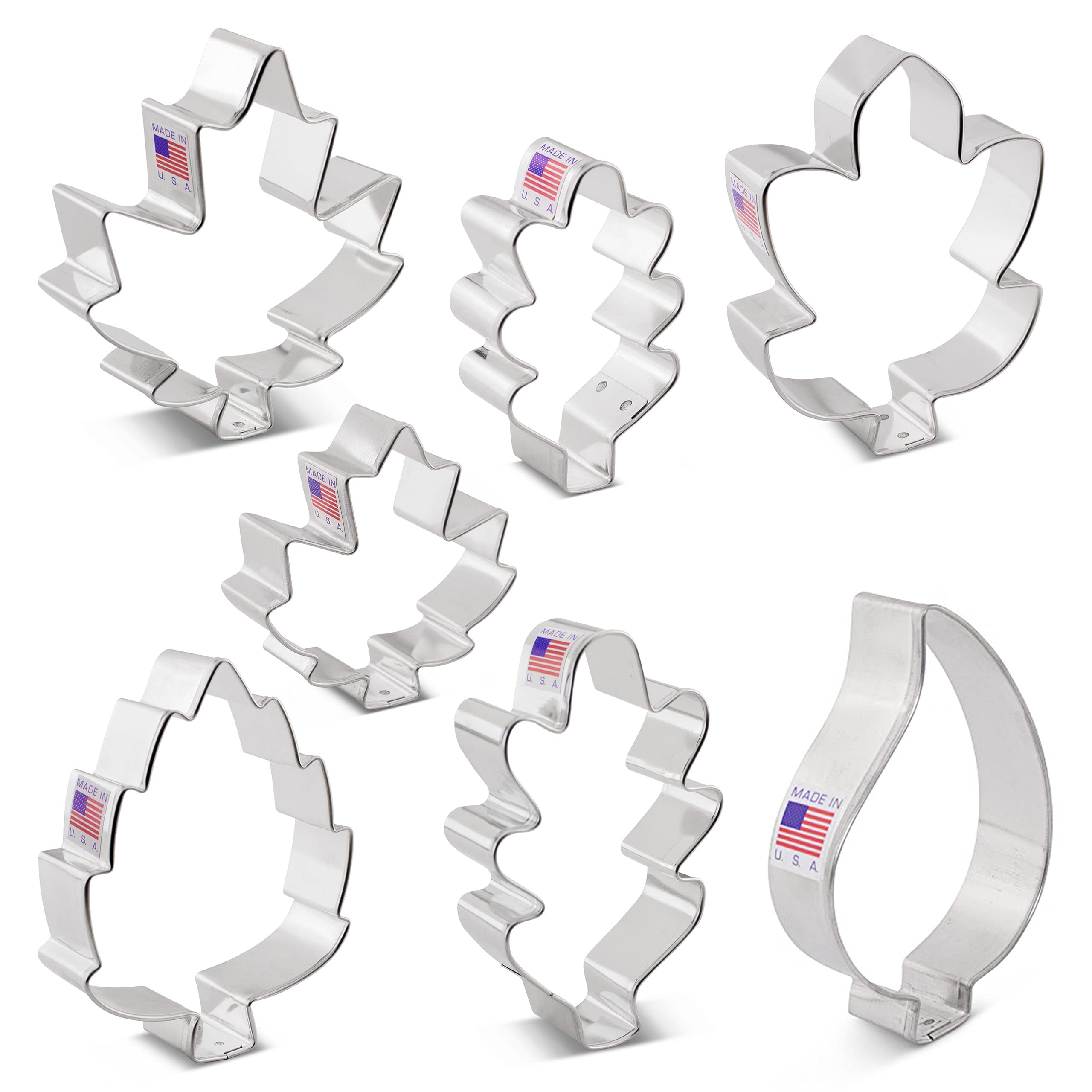 Spring Leaves Cookie Cutters 7-Pc. Set Made in the USA by Ann Clark, Oak, Teardrop, and Maple Leaf Shapes