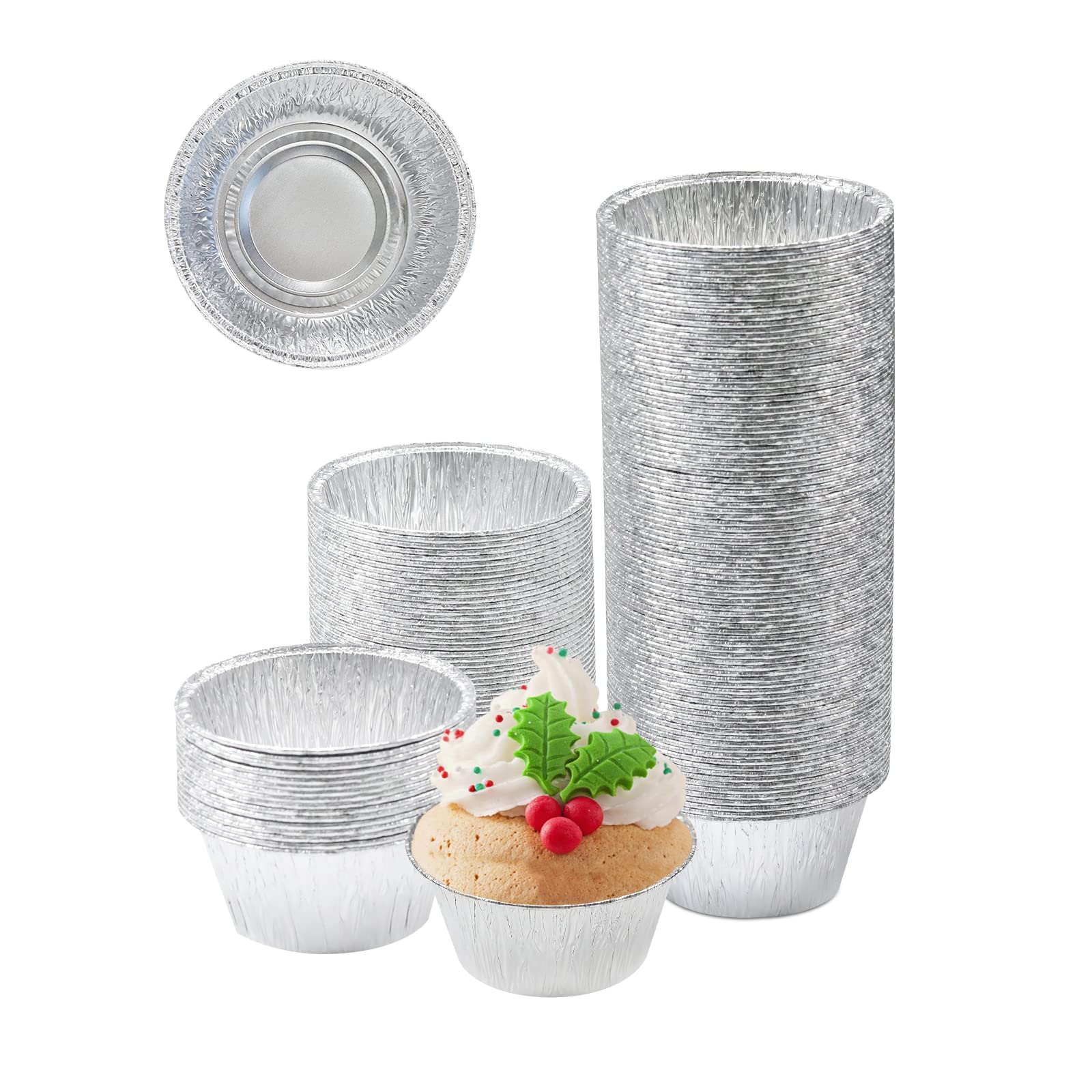 Aluminum Foil Baking Cups, 200 Pack Disposable 4 Oz Ramekins Aluminum Cupcake Muffin Liners Silver Foil Baking Cups for Cupcake, Muffin, Creme Brulee, Egg Tart, Souffle, Pudding