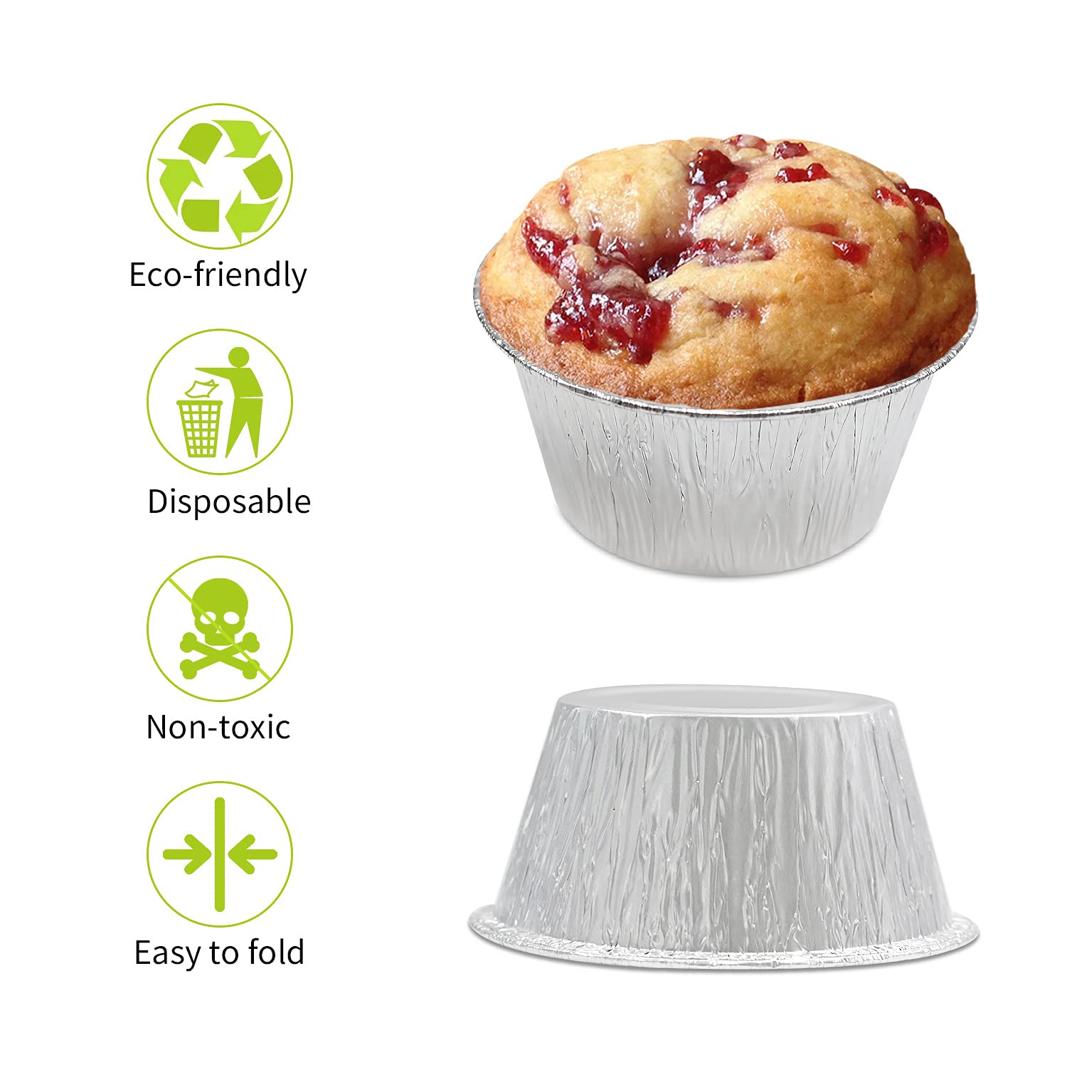 Aluminum Foil Baking Cups, 200 Pack Disposable 4 Oz Ramekins Aluminum Cupcake Muffin Liners Silver Foil Baking Cups for Cupcake, Muffin, Creme Brulee, Egg Tart, Souffle, Pudding