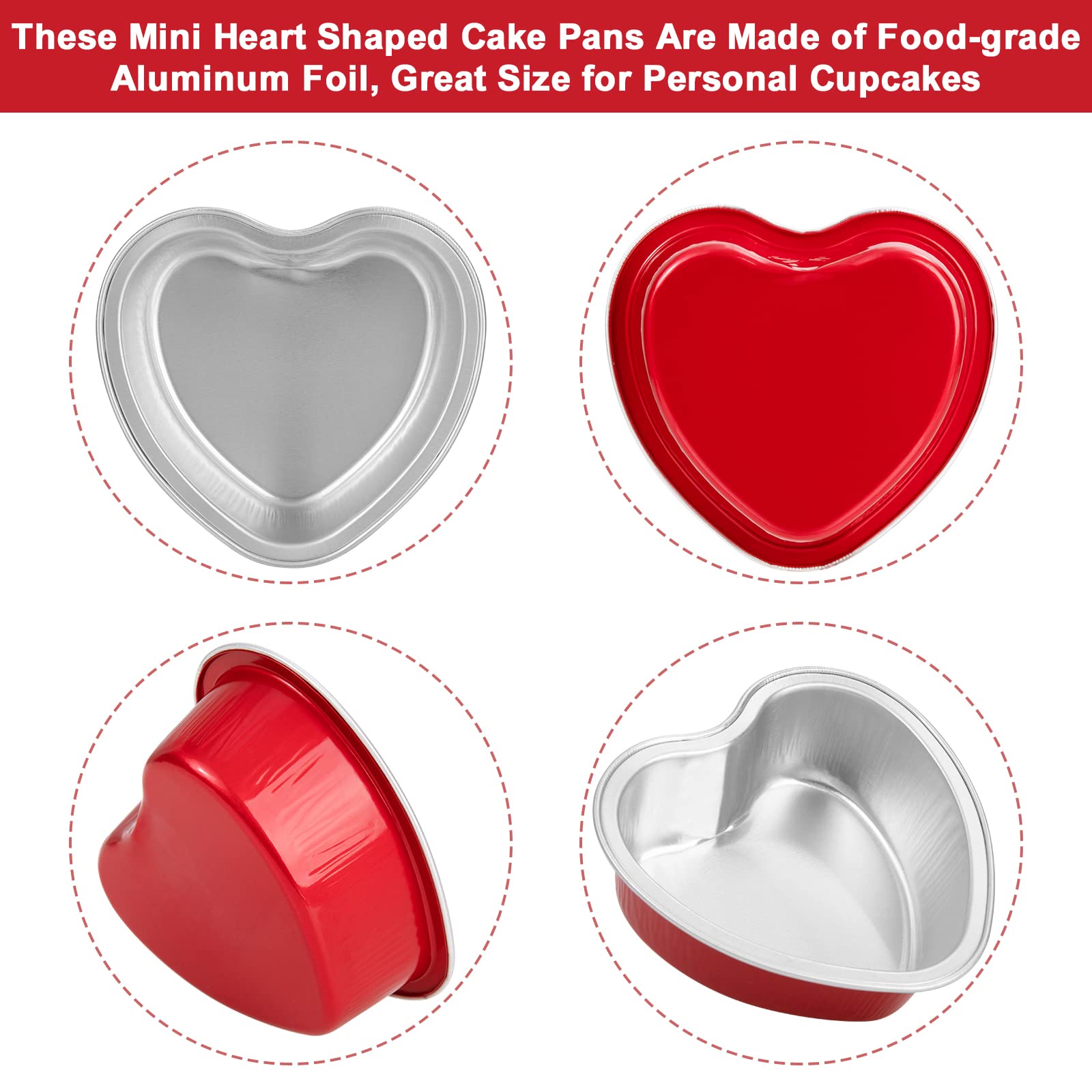 HEYYUMI Mini Heart Shaped Cake Pans with Lids, 50pcs 3.4oz Aluminum Foil Heart Cake Pan,Disposable Heart Cupcake Cups Liners Tins Ramekins Containers for Valentine's Day Weddings Anniversaries(Red)