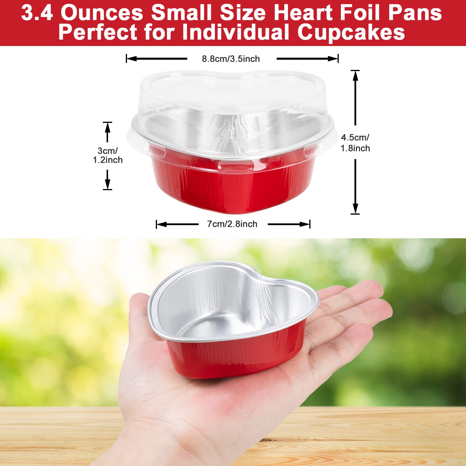 HEYYUMI Mini Heart Shaped Cake Pans with Lids, 50pcs 3.4oz Aluminum Foil Heart Cake Pan,Disposable Heart Cupcake Cups Liners Tins Ramekins Containers for Valentine's Day Weddings Anniversaries(Red)