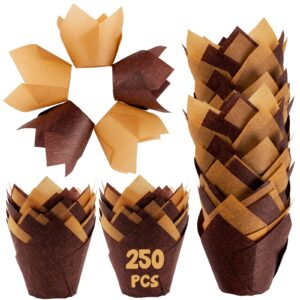 baking cups cupcake wrappers set - 250 pcs brown greaseproof tulip paper cake tin liners and natural color tulip baking parchment papers for muffins cupcakes mini snacks wedding birthday party