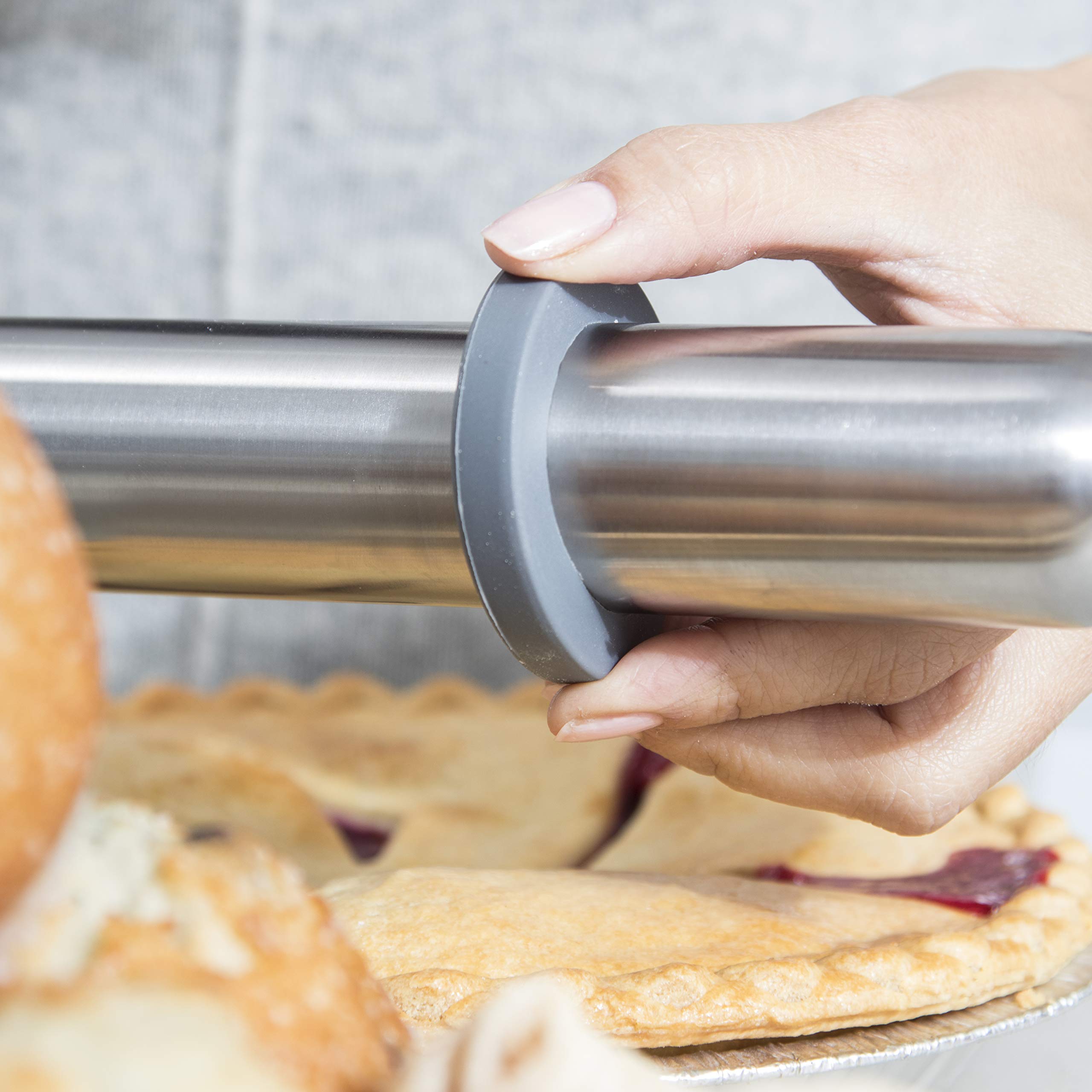 Rolling Pin with Thickness Rings- 16” French Rolling Pin for Baking Even Pastry or Cookie Dough - Adjustable, Stainless Steel Rolling pin with Complimentary Dough Scraper