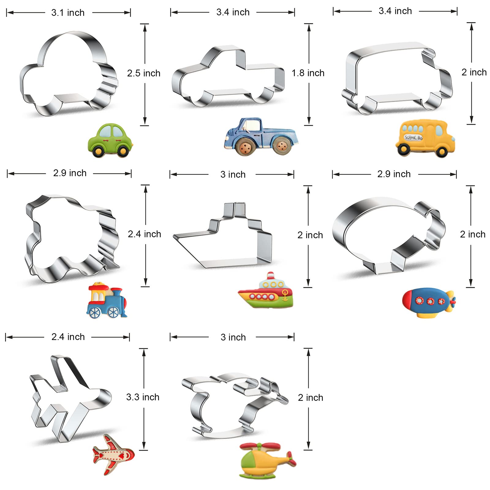 Travel Cookie Cutter Set 8-Piece Transportation and Vehicles Cookie Cutters with Car, Airplane, Train, Bus, Helicopter, Vintage Truck, Airship, Cruise Ship Shapes Biscuit Molds for Kids Baking Party