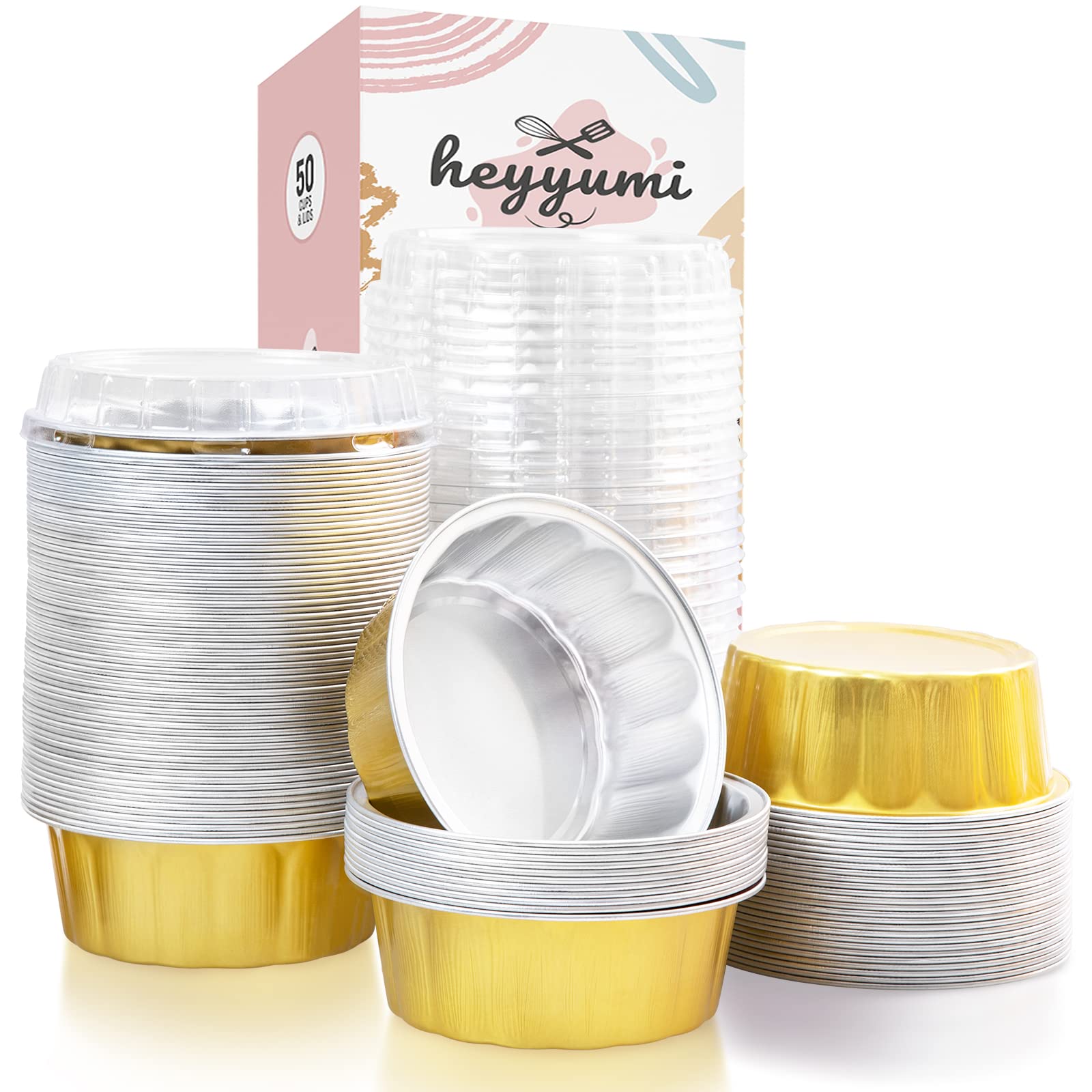 Disposable Ramekins,HEYYUMI 50pcs 8oz Aluminum Foil Baking Cups with Lids,Foil Cupcake Liners,Dessert Cups Flans,Creme Brulee Ramekins Cheesecake Containers,Disposable Muffin Tins Pans(Golden)