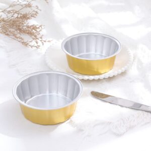 Disposable Ramekins,HEYYUMI 50pcs 8oz Aluminum Foil Baking Cups with Lids,Foil Cupcake Liners,Dessert Cups Flans,Creme Brulee Ramekins Cheesecake Containers,Disposable Muffin Tins Pans(Golden)