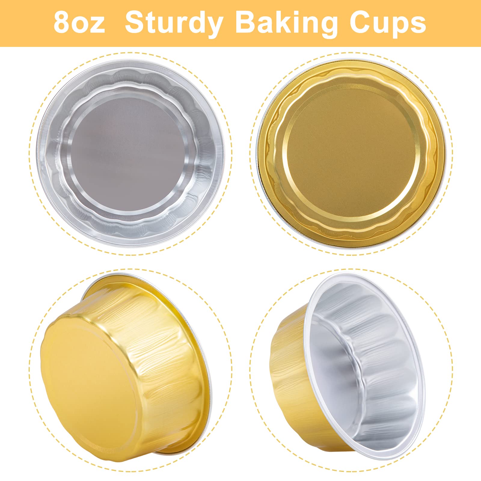 Disposable Ramekins,HEYYUMI 50pcs 8oz Aluminum Foil Baking Cups with Lids,Foil Cupcake Liners,Dessert Cups Flans,Creme Brulee Ramekins Cheesecake Containers,Disposable Muffin Tins Pans(Golden)