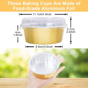 Disposable Ramekins,HEYYUMI 50pcs 8oz Aluminum Foil Baking Cups with Lids,Foil Cupcake Liners,Dessert Cups Flans,Creme Brulee Ramekins Cheesecake Containers,Disposable Muffin Tins Pans(Golden)