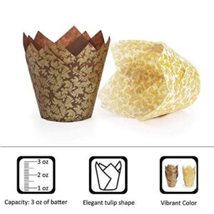 HULISEN 100 Pcs Tulip Cupcake Liners, 2 Colors Premium Greaseproof Paper Baking Cups, Muffin Liners for Wedding, Baby Showers, Party, Brown and White Golden Leaf Model