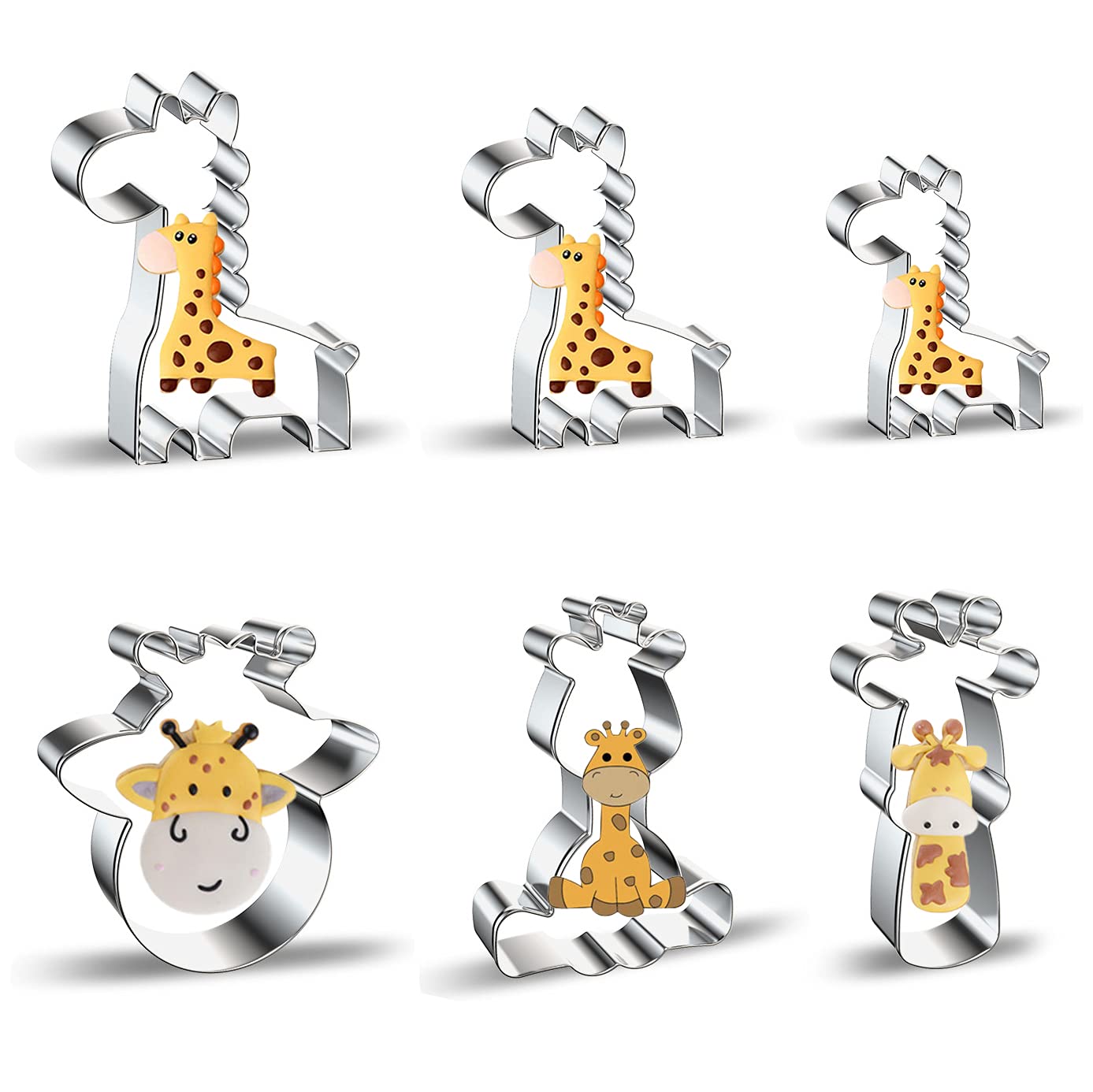 Giraffe Cookie Cutters Set 4 Inch - 6 Pieces Mother and Baby DIY Stainless Steel Metal Biscuit Mold with Sitting Baby Giraffe, Giraffe Face and Head Shapes Cutter for Baby Shower, Birthday Party