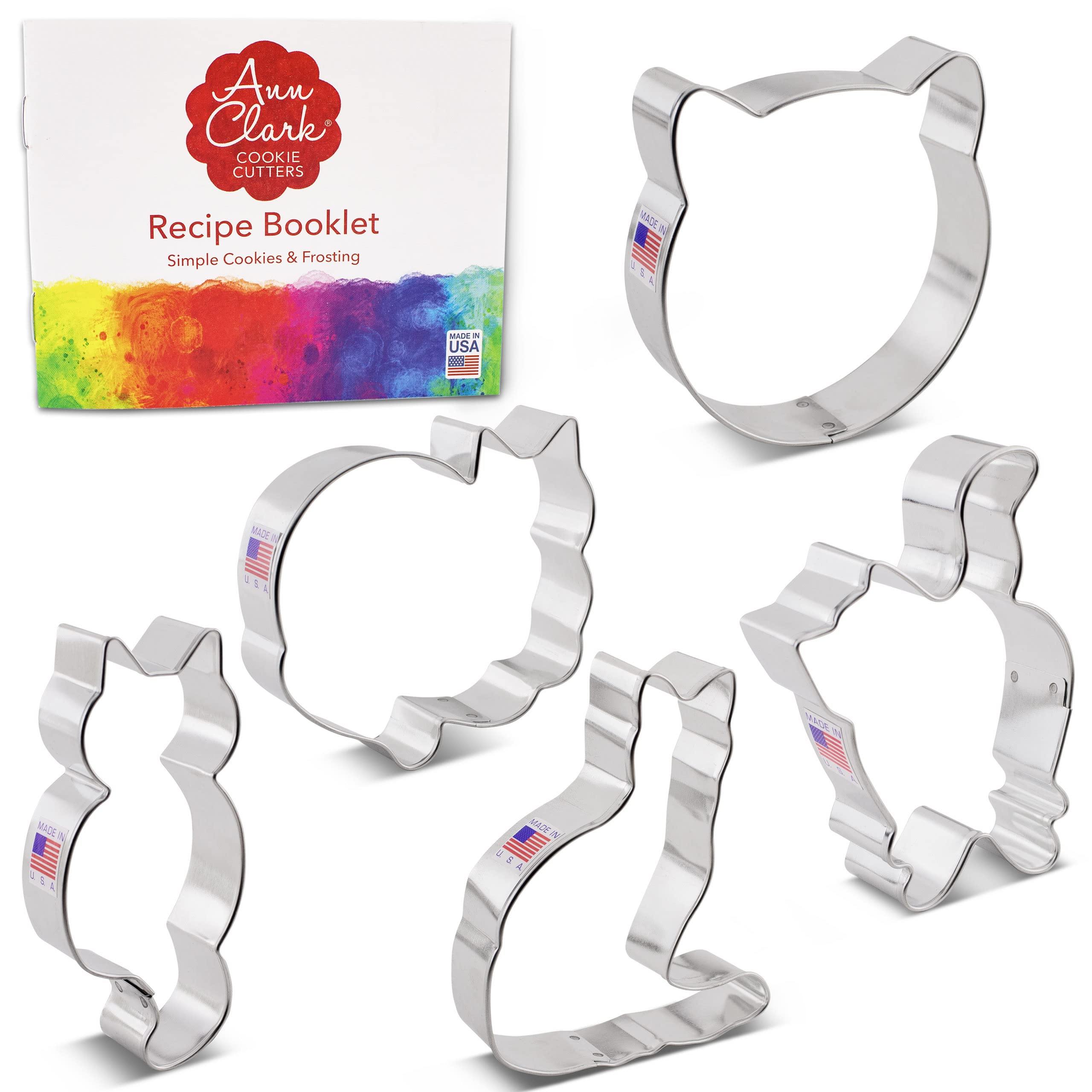 Cat Cookie Cutters 5-Pc. Set Made in the USA by Ann Clark, Cat Loaf, Cat Butt, Cute Kitty Cat, Cat Face, Curled Cat