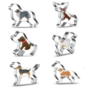 dog cookie cutter for treats shapes baking set of 6 - stainless steel border collie, chihuahua, labrador, rochin, rottweiler, pleasant shepherd shaped puppy cartoon pet dog cookie cutters molds stamps