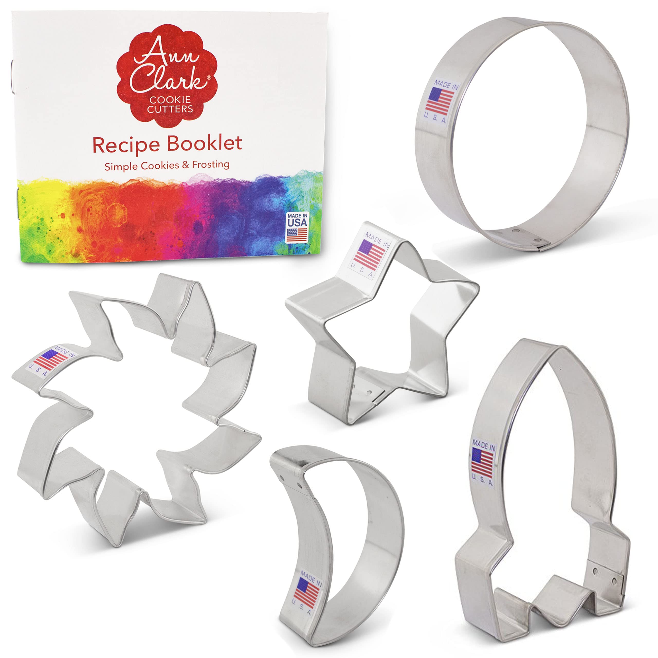 Space Exploration Cookie Cutter 5-Pc Set Made in USA by Ann Clark, Rocket, Planet, Sun, Star, Moon