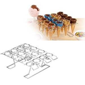 Cupcake Cones Baking Rack, 16-Cavity Stainless Steel Ice Cream Cone Cupcakes Holder Foldable Cake Decorating Pastry Tray Waffle Cones Holder for Baking, Cooling, Display