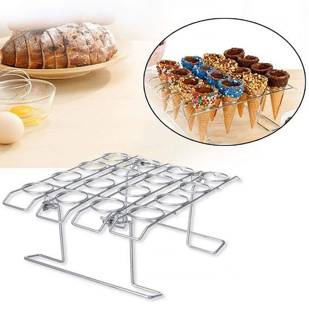 Cupcake Cones Baking Rack, 16-Cavity Stainless Steel Ice Cream Cone Cupcakes Holder Foldable Cake Decorating Pastry Tray Waffle Cones Holder for Baking, Cooling, Display