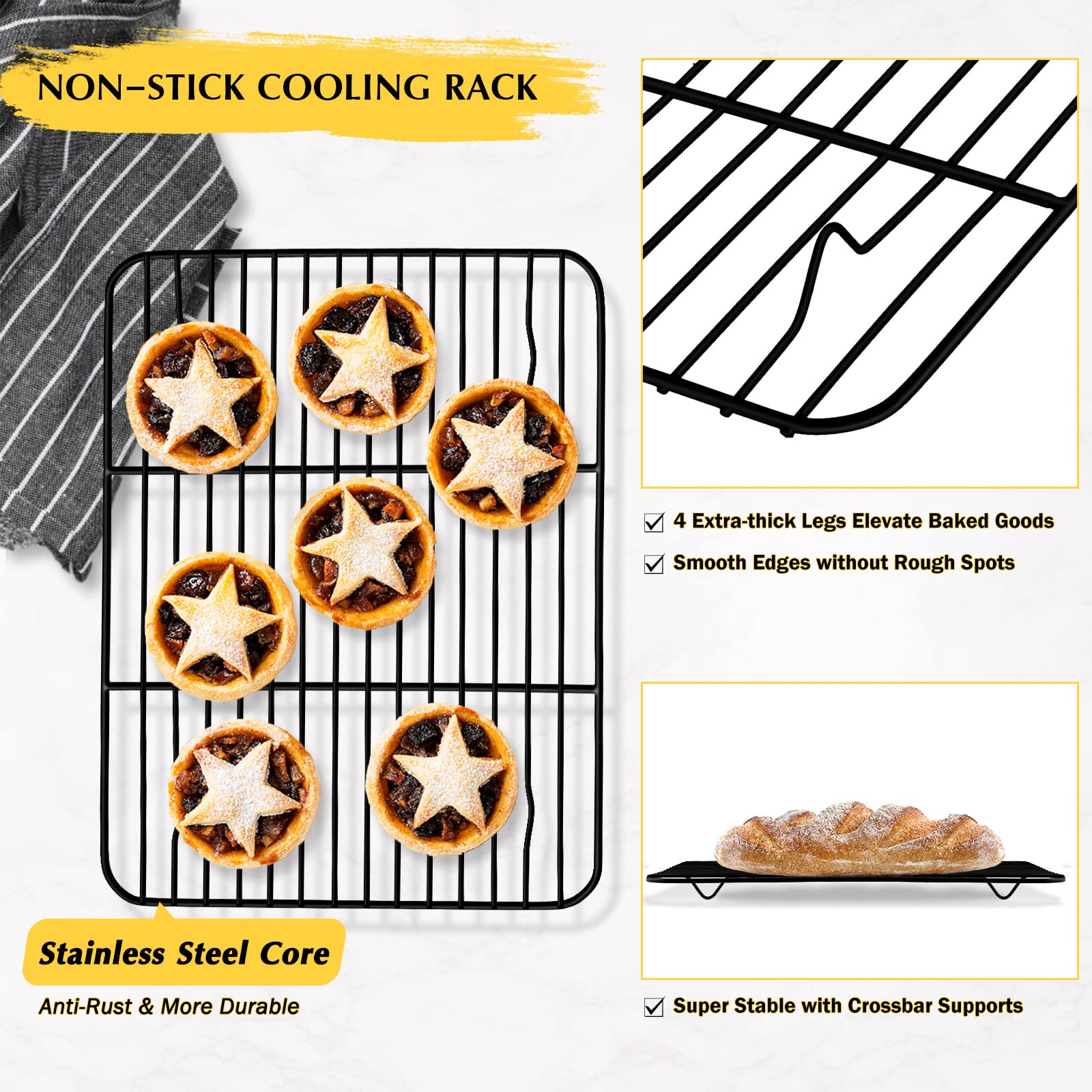 Small Baking Cooling Rack Set of 2, E-far Non-stick Toaster Oven Rack for Cooking Roasting Grilling Broiling Meat Bacon, 9.7” x 7.3” Metal Bakeable Wire Rack for Cookie Cake - Easy to Clean