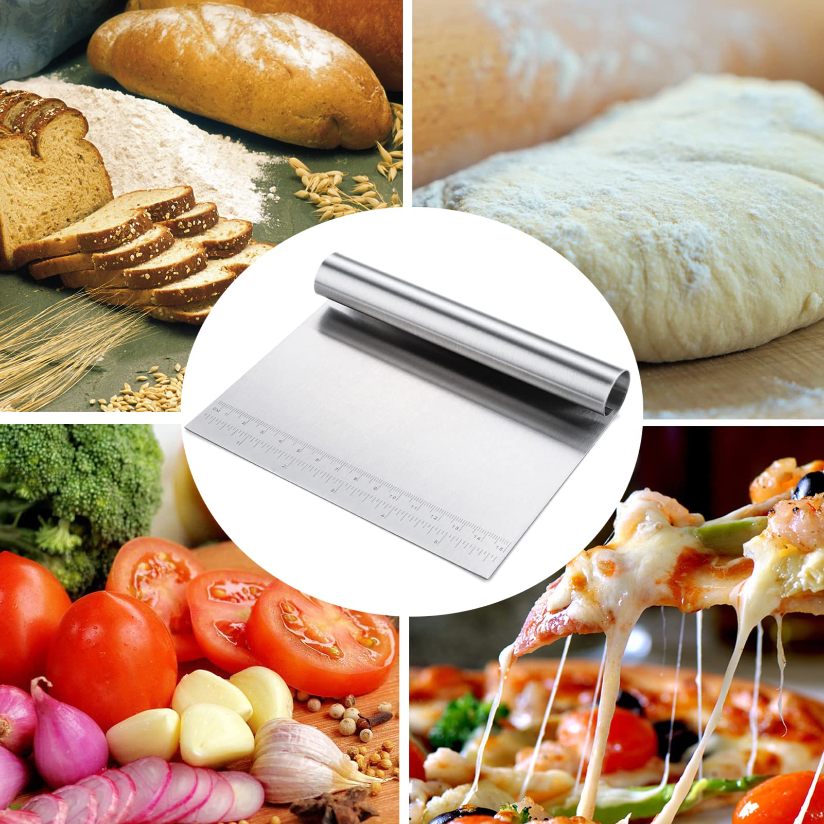 Dough Pastry Scraper, Stainless Steel Cake Scraper with Measuring Scale, Multipurpose Pizza Dough Pastry Bench Scraper Knife with Measuring Scale, for Kitchen Baking